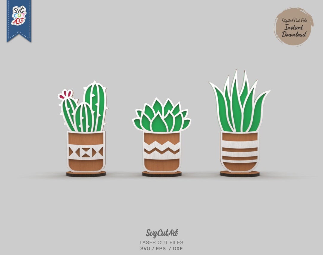 Cactus in Pot Stand Laser Cut Files SVG Set2 | Succulent SVG | Plants ...