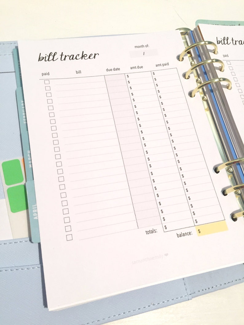 Printable Bill Tracker Monthly Inserts PDF A5 Personal Kikki K Filofax ...