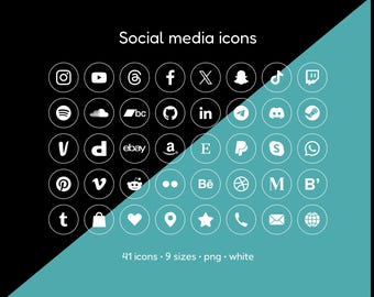 Social Media Icons - 41 Icons in 9 Sizes, White and Black, PNG Files ...