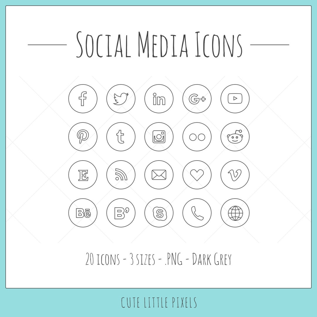 Social Media Icons 20 Icons in 6 Sizes, PNG Files, Dark Grey, Outline ...
