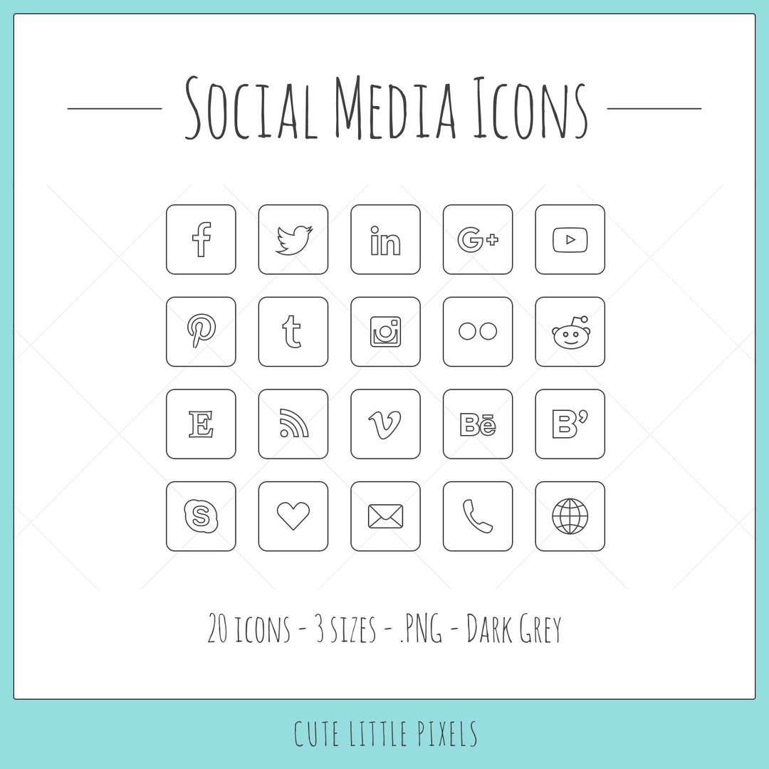 Social Media Icons 20 Icons in 3 Sizes, PNG Files, Dark Grey, Outline ...