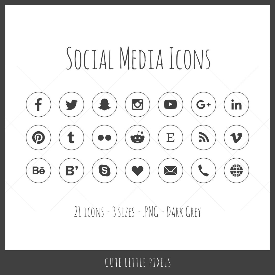 Social Media Icons - 21 Icons in 3 Sizes, PNG Files, Dark Gray, Outline ...