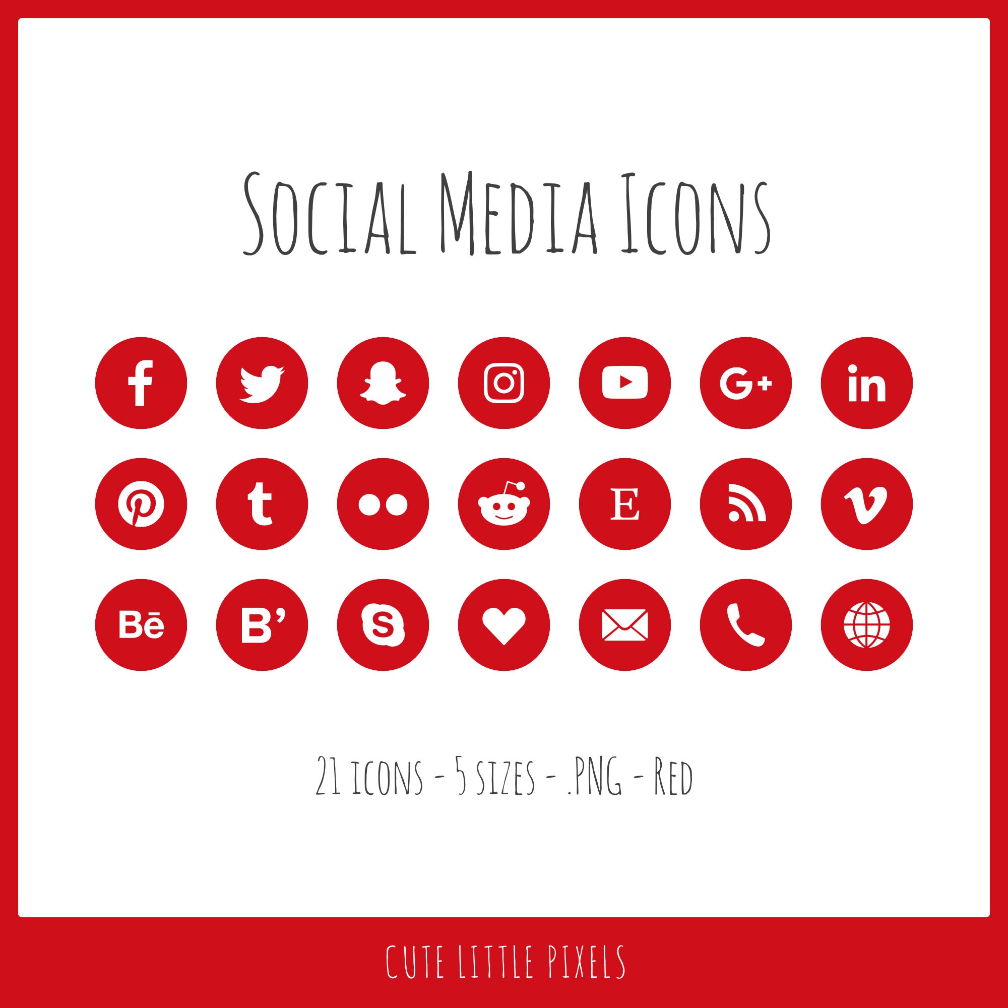 Social Media Icons - Red, 21 Icons in 3 Sizes, PNG Files, Flat Style - Etsy