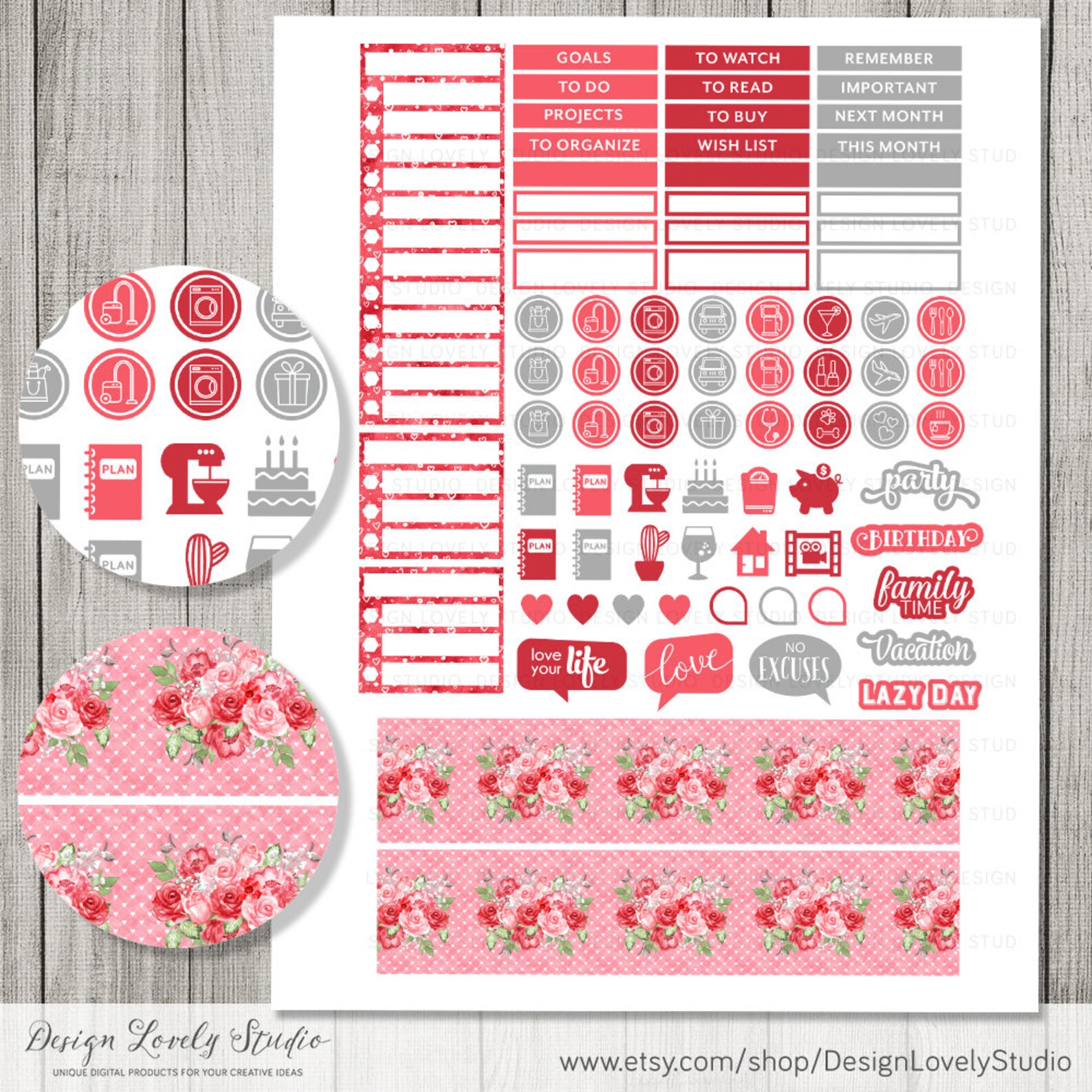 Printable February Monthly Kit, Valentines Day Planner Stickers, EC ...
