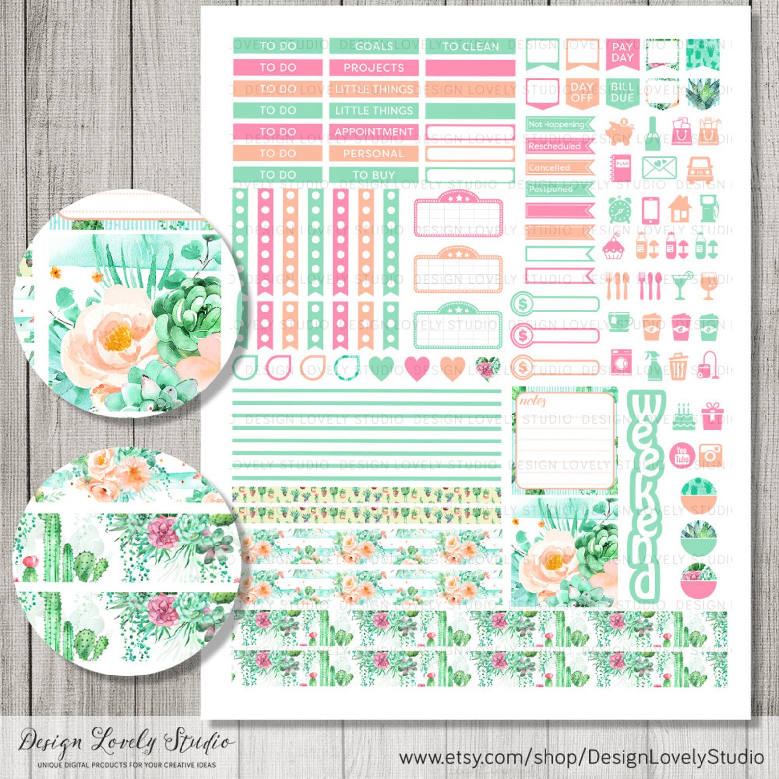 PRINTABLE SUCCULENTS Planner Stickers, Cacti Planner Stickers, Mini ...