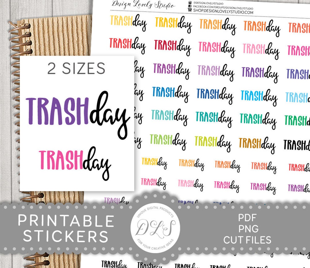 TRASH DAY Typography Planner Stickers, Trash Day Printable Planner ...