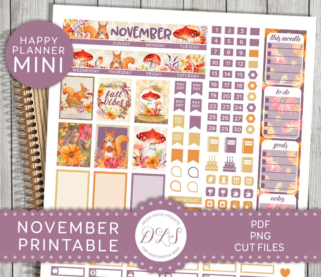 Printable November Monthly Stickers Kit, Mini Happy Planner November ...