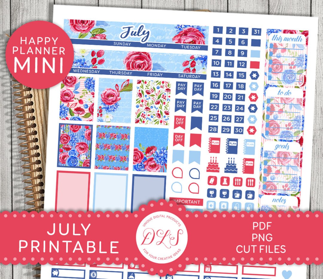 JULY Planner Stickers, Mini Happy Planner Printable Stickers, July ...
