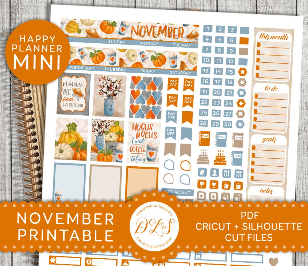 November Mini Happy Planner, November Monthly Sticker Kit, November ...