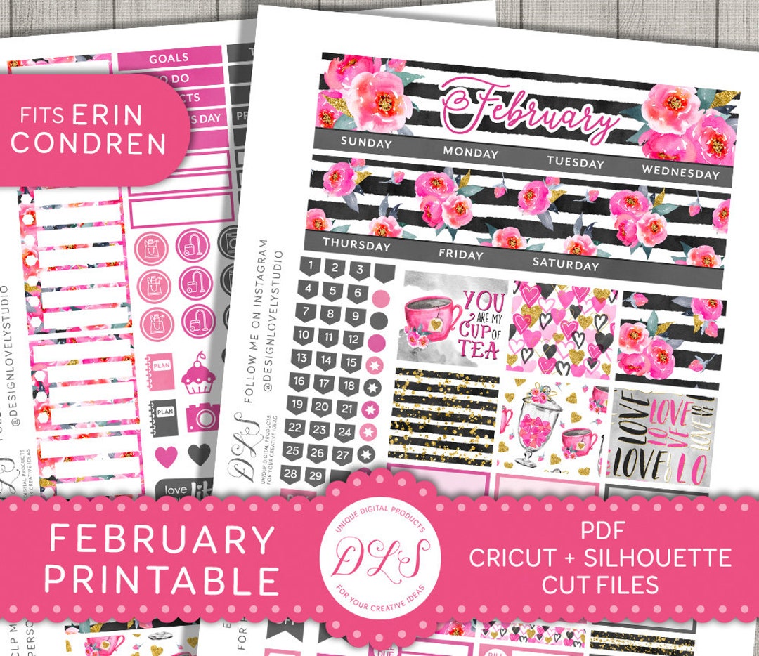 February Monthly Kit, February Printable Planner Stickers, Valentine's ...