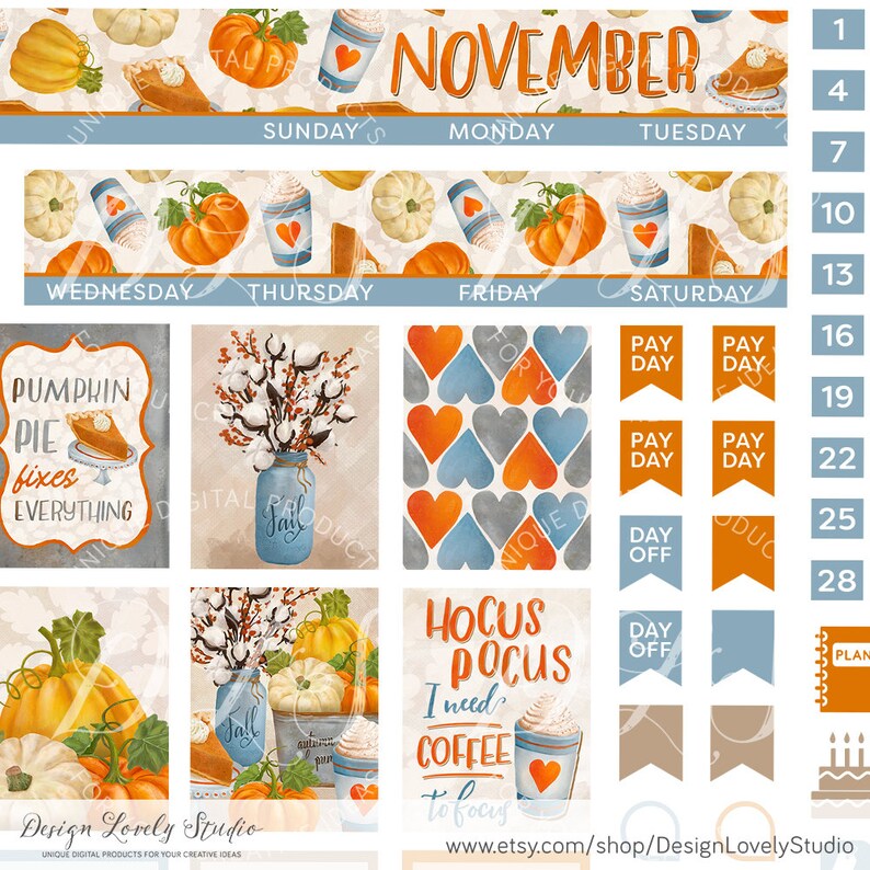 November Mini Happy Planner, November Monthly Sticker Kit, November ...