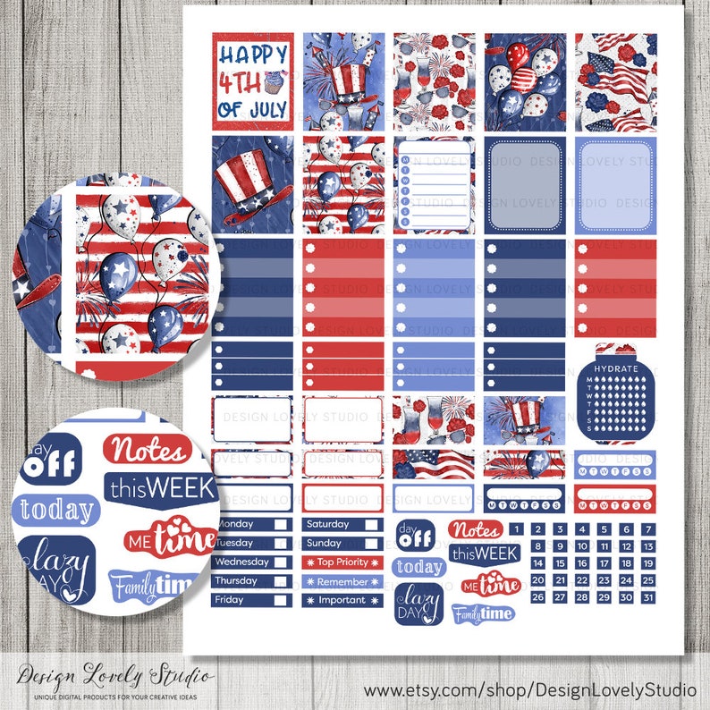 Printable 4th of July Planner Stickers Kit Independence Day | Etsy