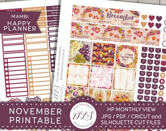 Printable November Monthly Stickers Kit Mini Happy Planner - Etsy