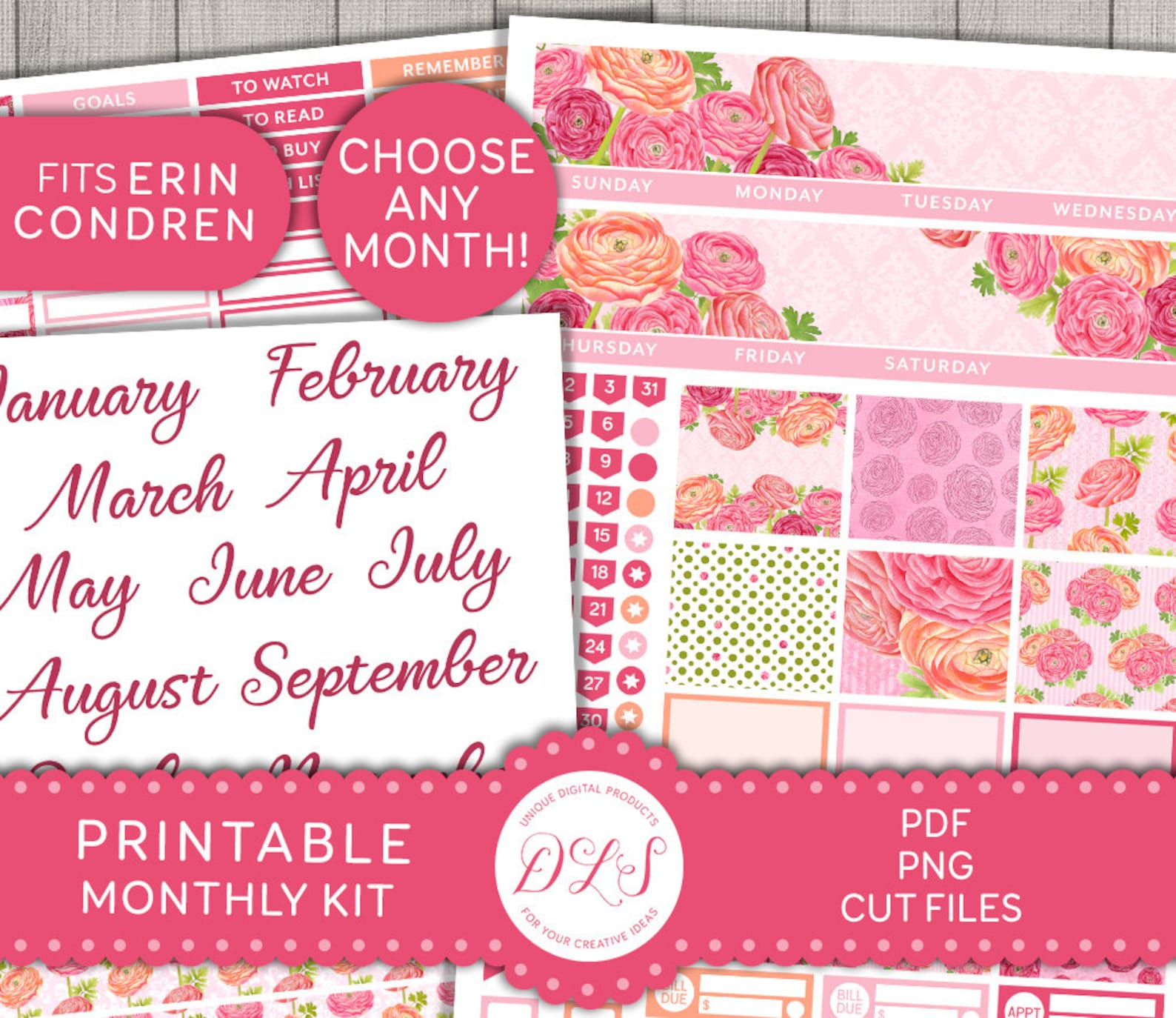 Printable Monthly Planner Stickers Kit, Pink Floral Planner Stickers ...