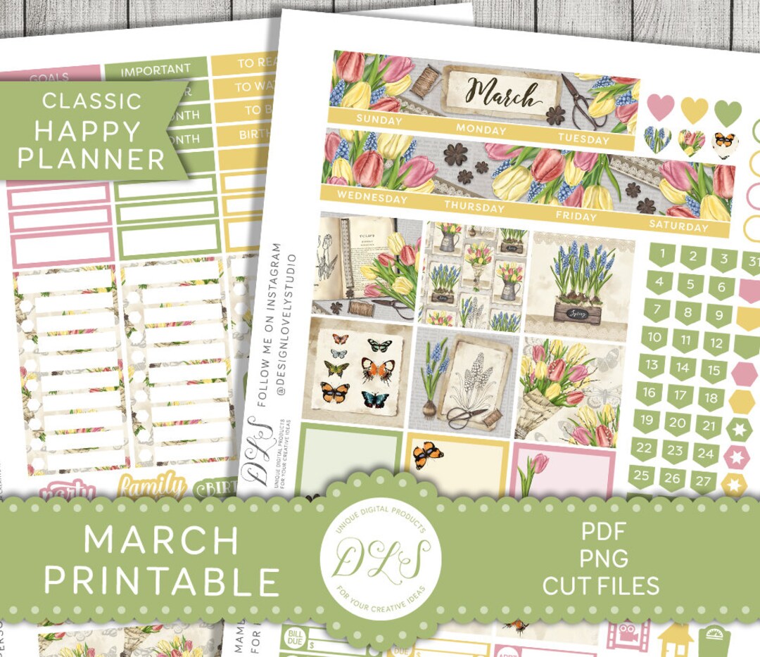 Happy Planner March Monthly Kit, Happy Planner March Printable, Spring ...