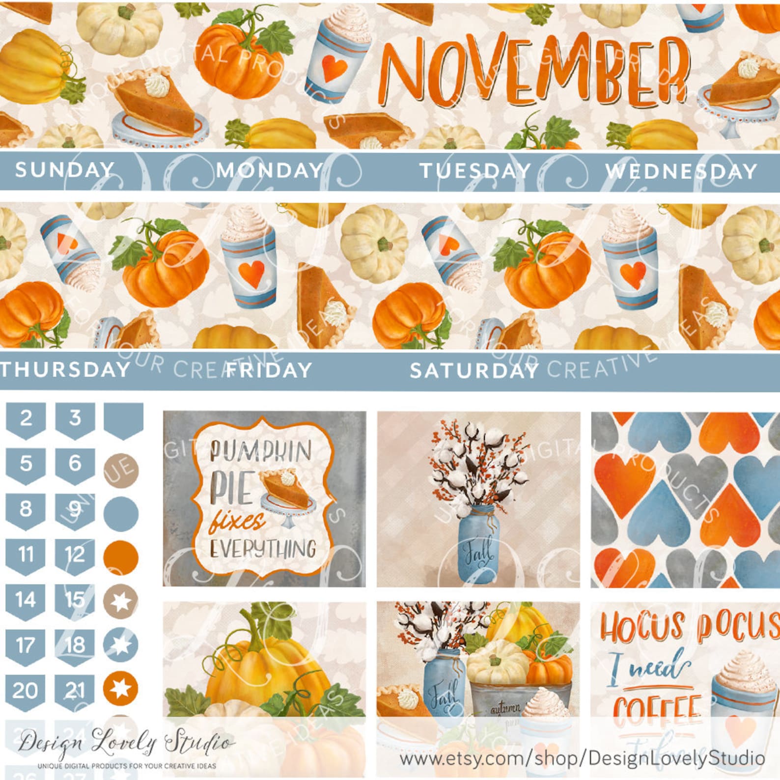 November Monthly Kit for Erin Condren, November Planner Stickers ...