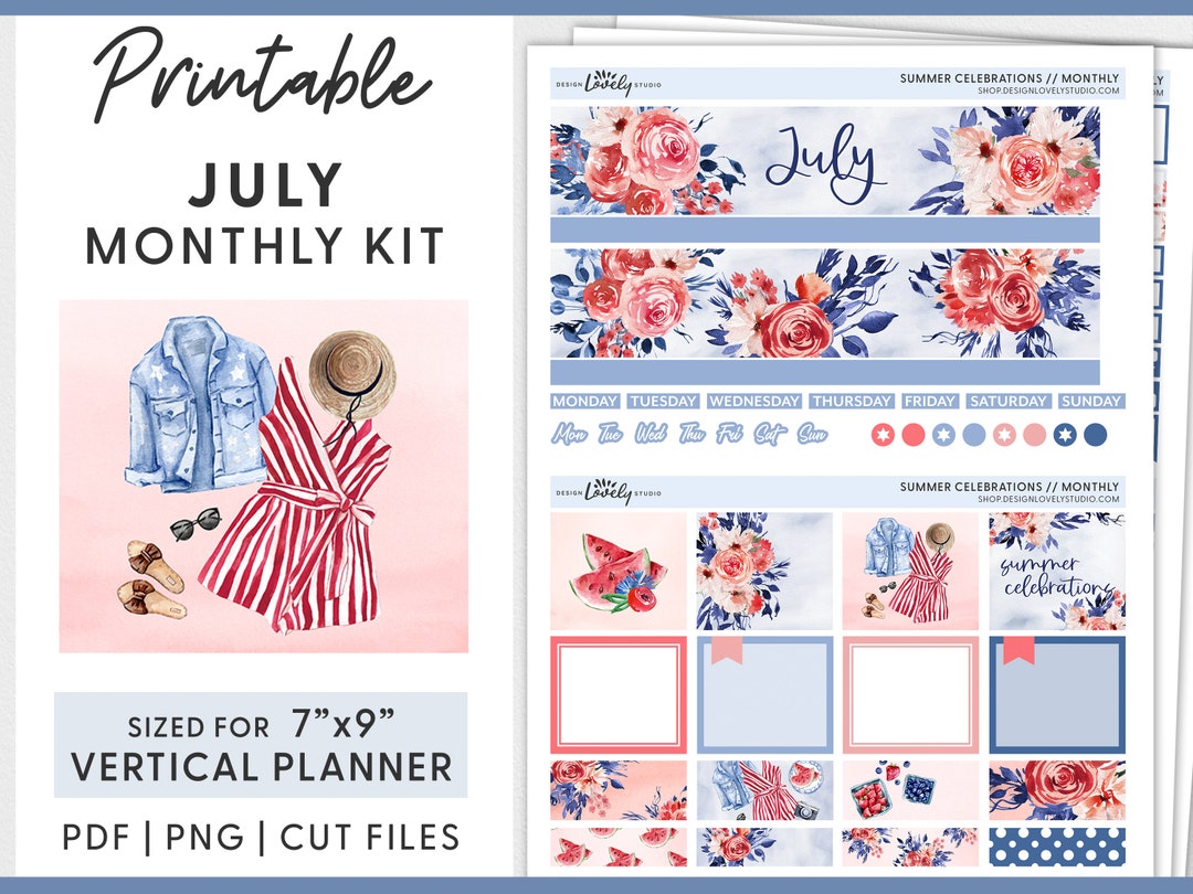 July Planner Stickers, July Monthly Sticker Kit, Printable Planner ...
