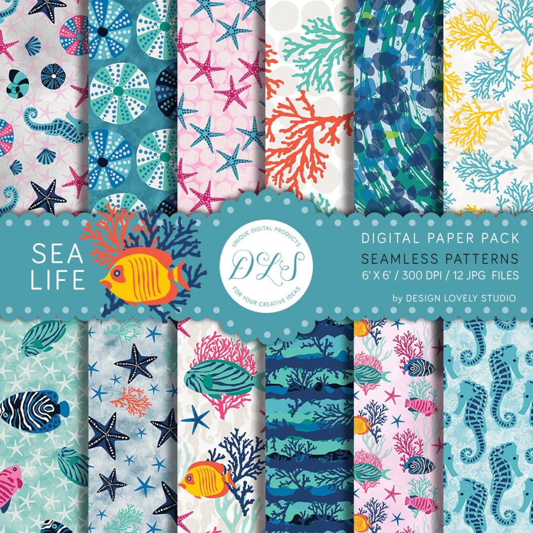 Digital Paper Pack: "sea Life" Sea Animals Papers Fish Seahorse ...