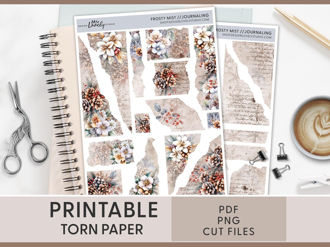 Winter Floral Printable Torn Paper Stickers, Ripped Paper Stickers ...