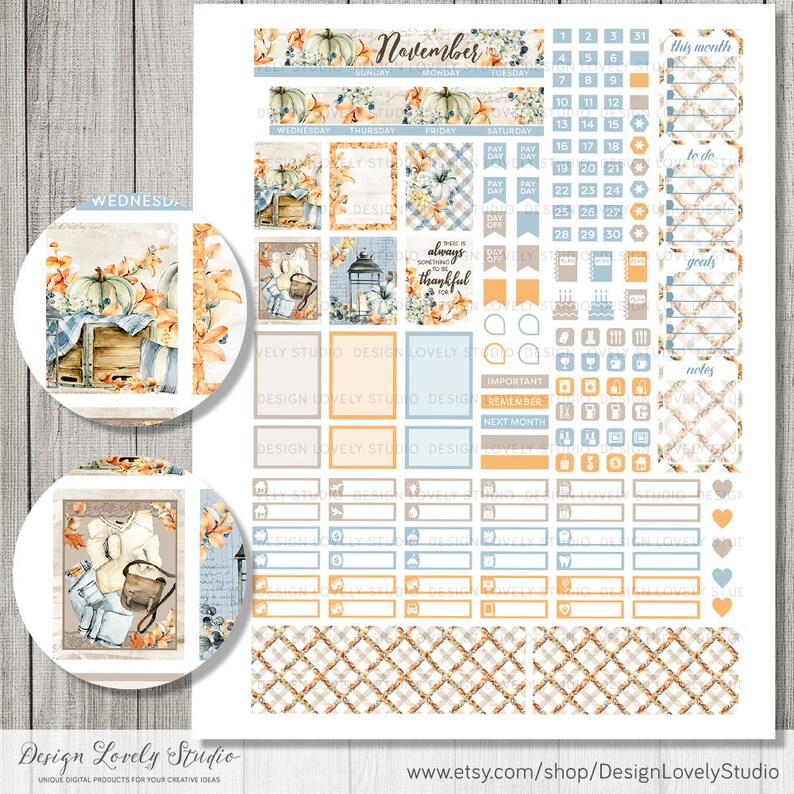 NOVEMBER Monthly Stickers Kit, Printable Mini Happy Planner Stickers ...