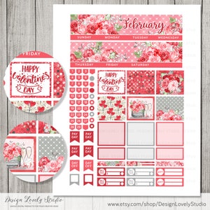 Printable February Monthly Kit, Valentines Day Planner Stickers, EC ...