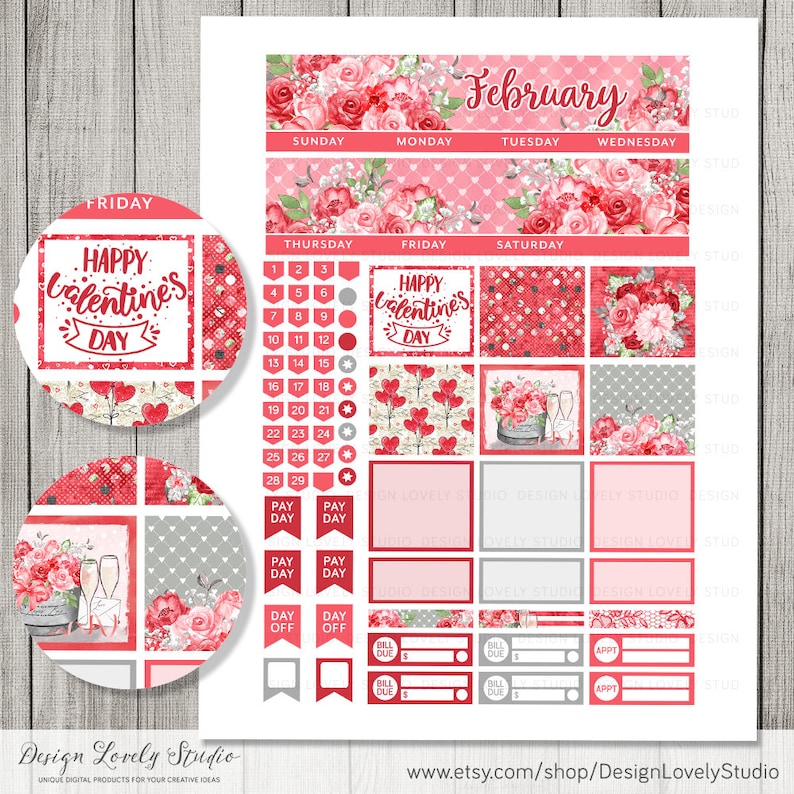 Printable February Monthly Kit, Valentines Day Planner Stickers, EC ...