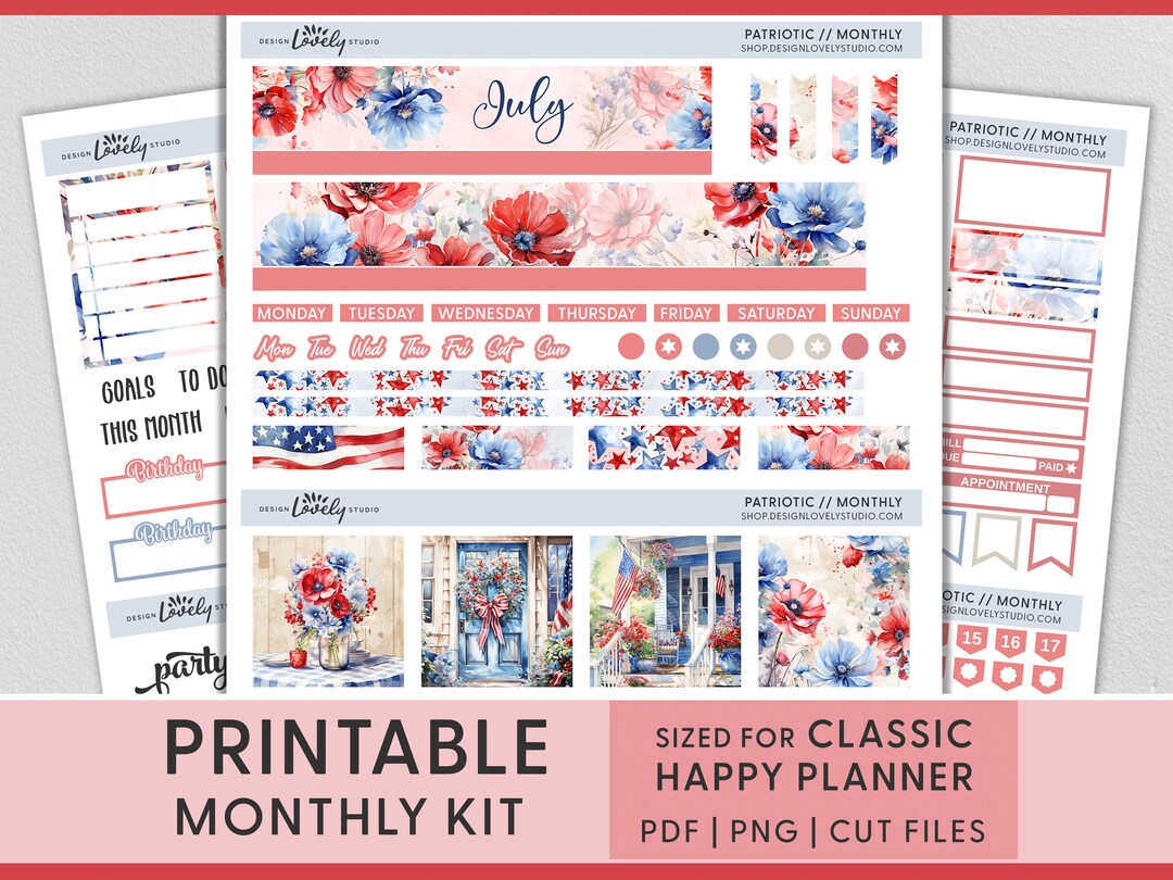 July Monthly Sticker Kit, July Planner Stickers, Printable Happy ...