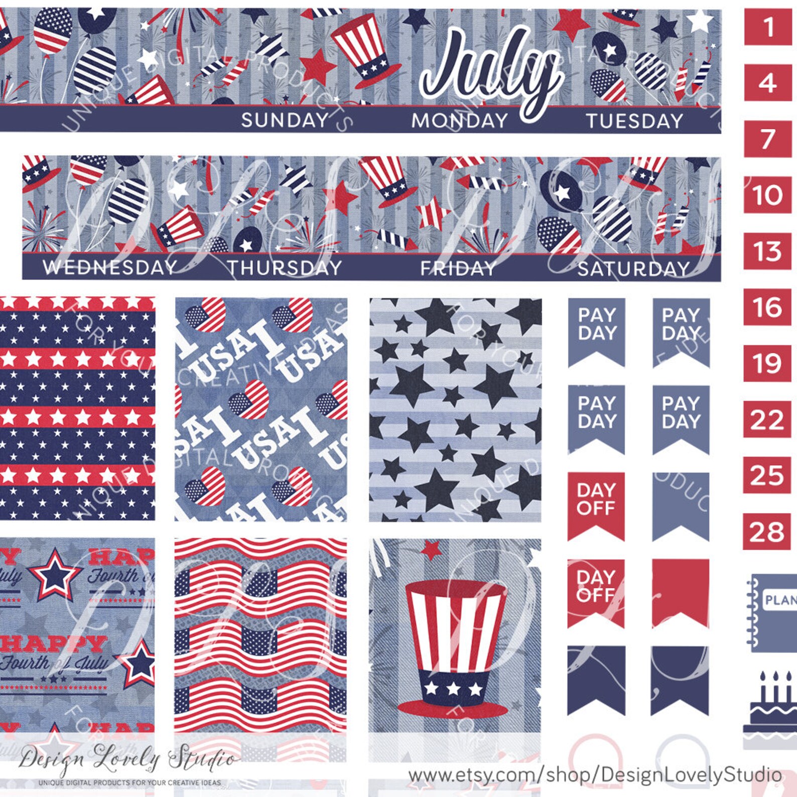 Mini Happy Planner July, July Monthly View, 4th of July Stickers Kit ...