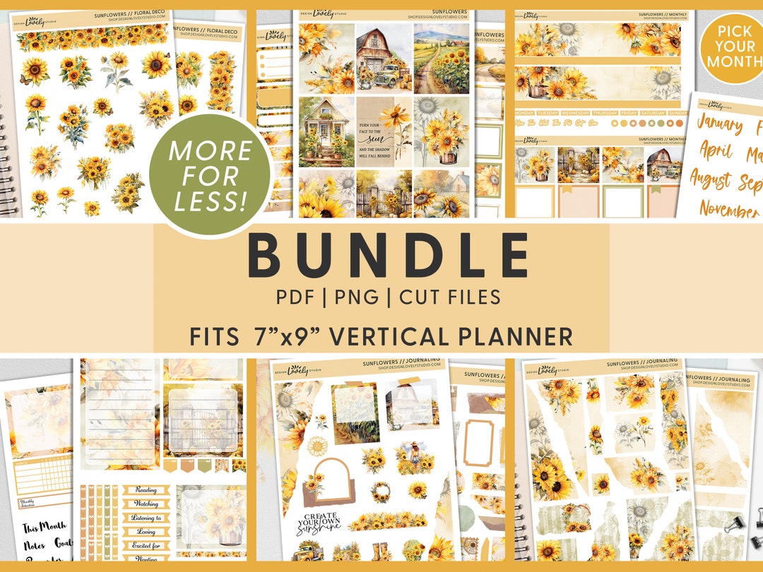 Sunflowers Planner Stickers Bundle, Monthly Stickers, Weekly Sticker ...
