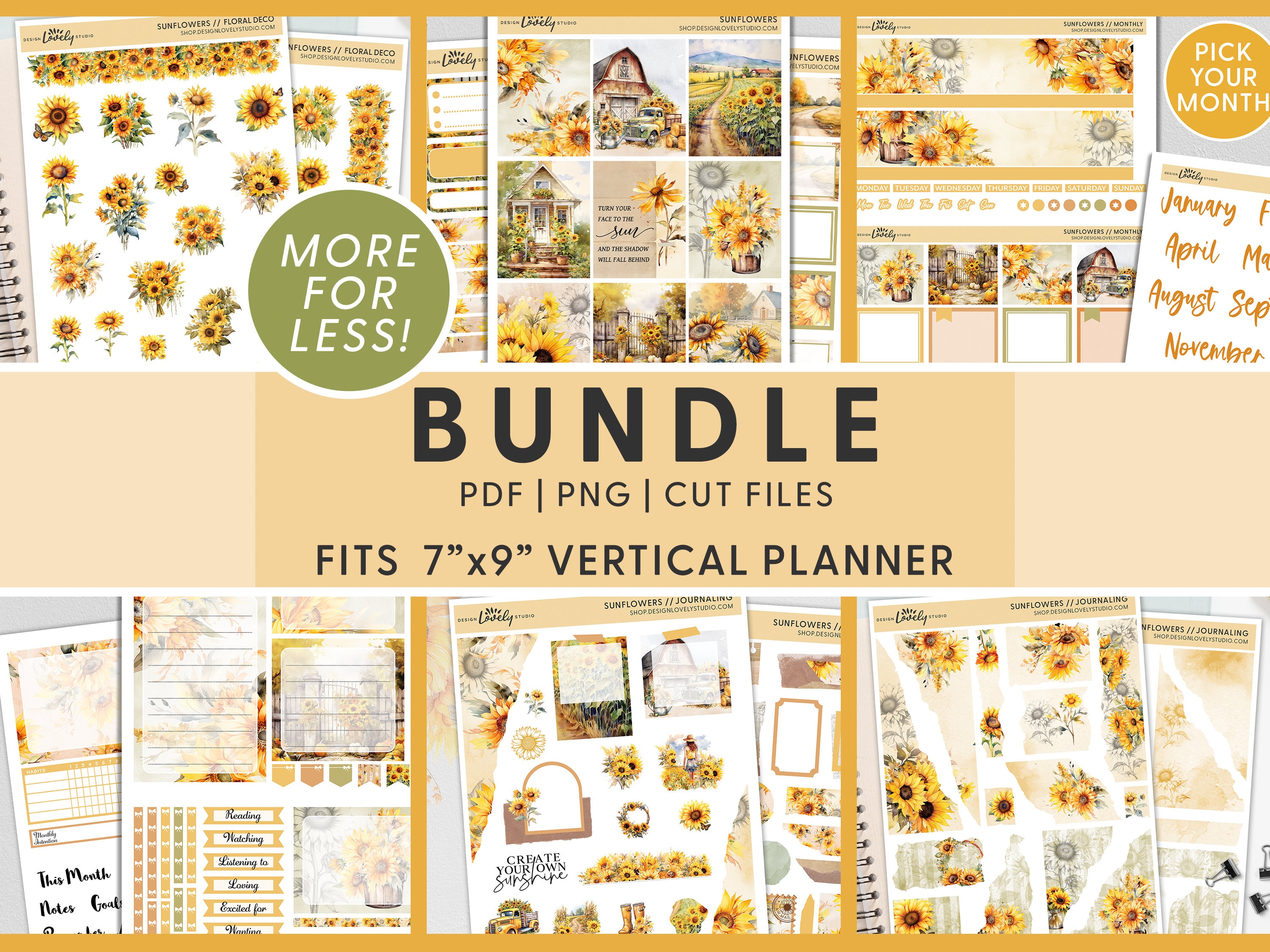 Sunflowers Planner Stickers Bundle, Monthly Stickers, Weekly Sticker ...