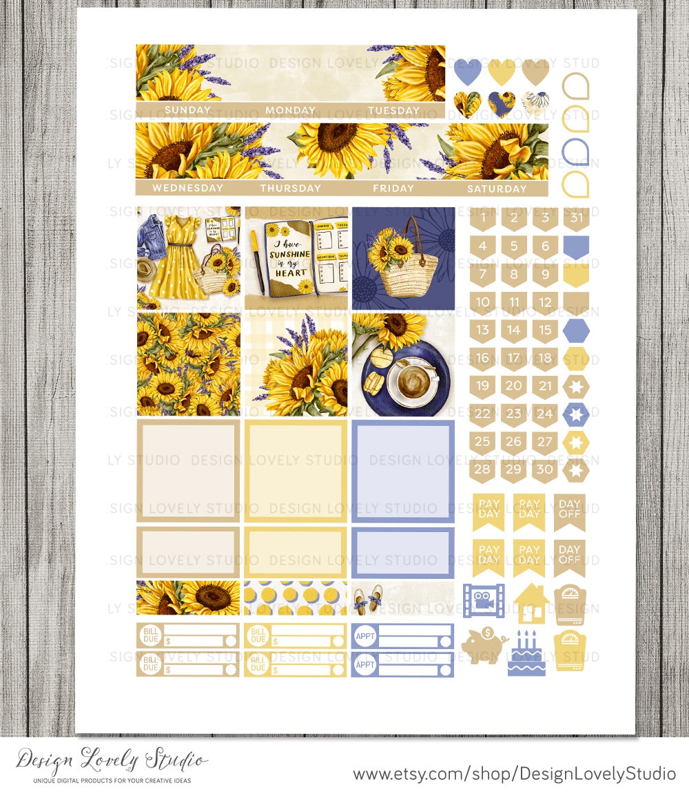 PRINTABLE Happy Planner Monthly Kit, Sunflowers Planner Stickers ...