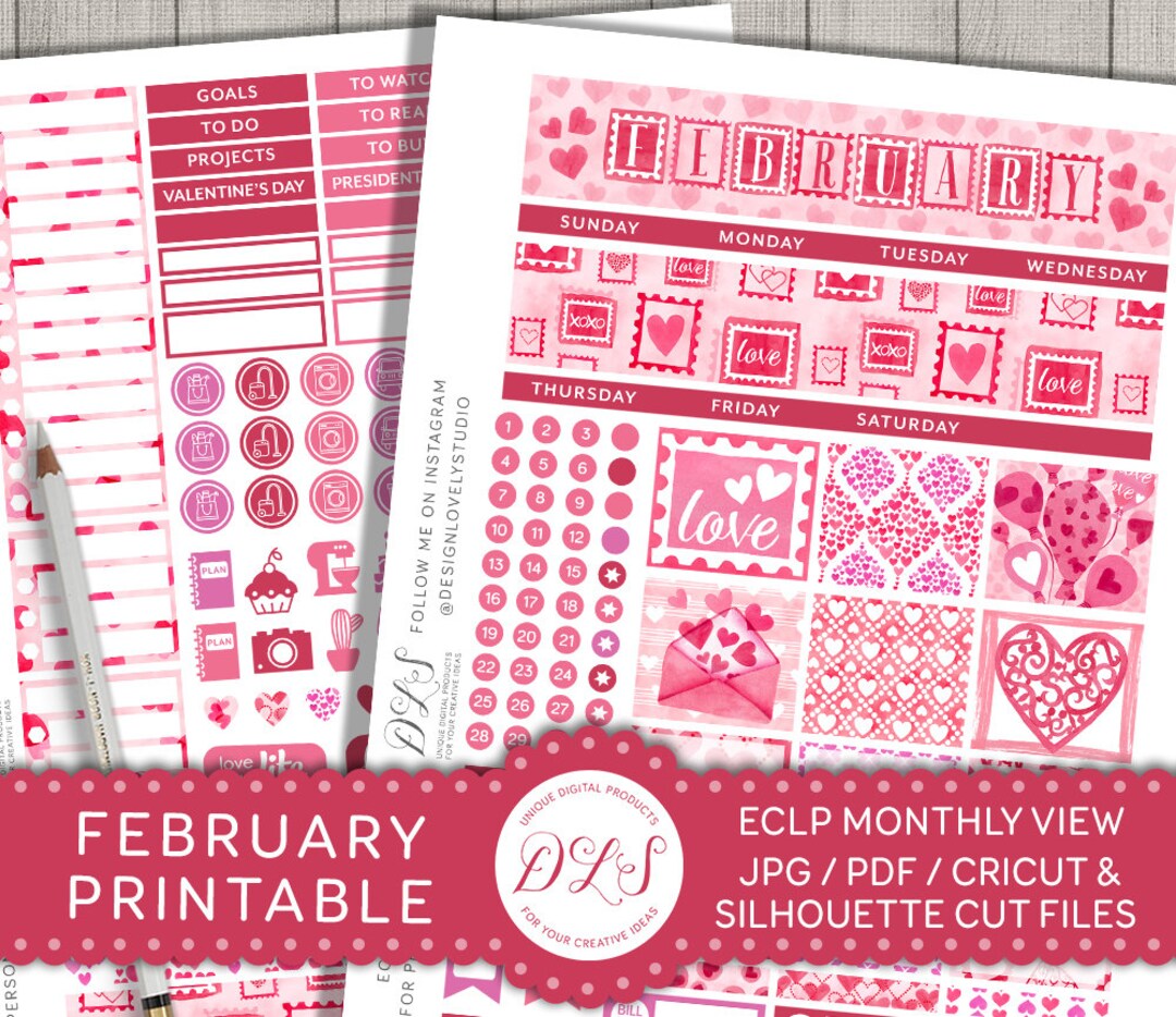 February Monthly Kit, February Planner Stickers, Printable Planner ...