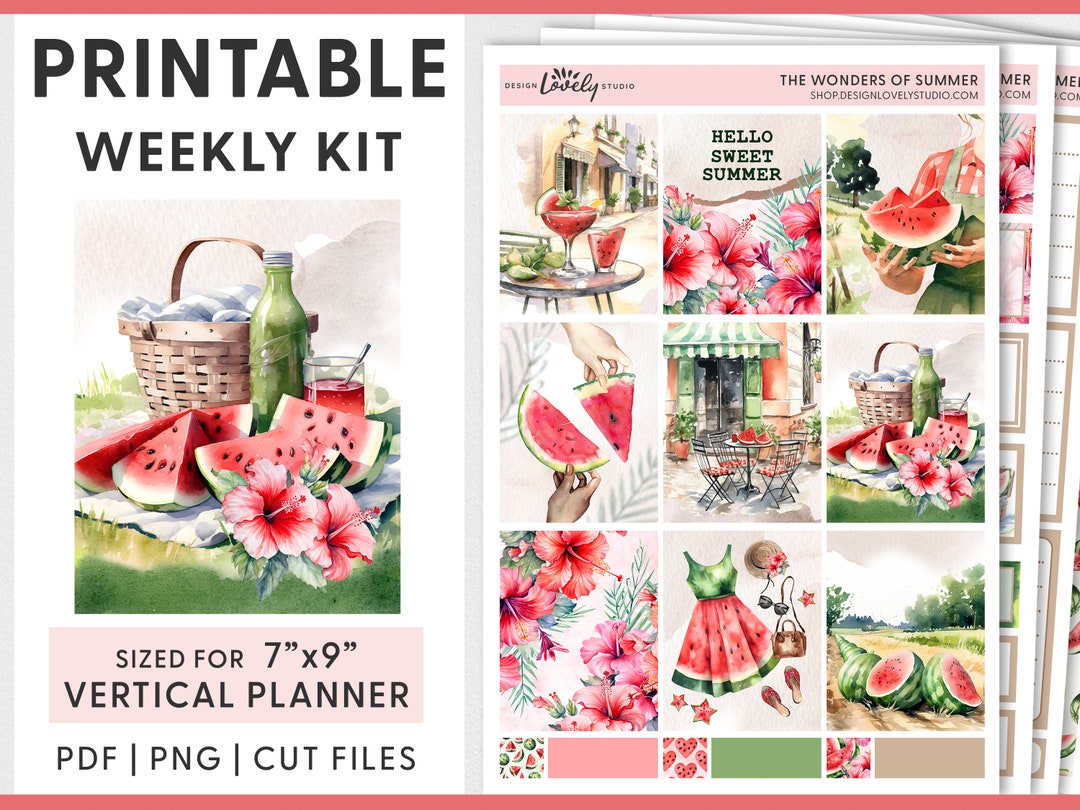 Watermelon Planner Stickers, Printable Planner Stickers, Summer Planner ...