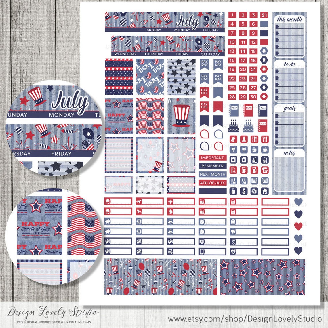 Mini Happy Planner July, July Monthly View, 4th of July Stickers Kit ...