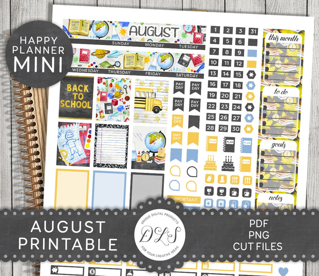 Back to School Planner Stickers, PRINTABLE August Monthly Kit, Mini ...