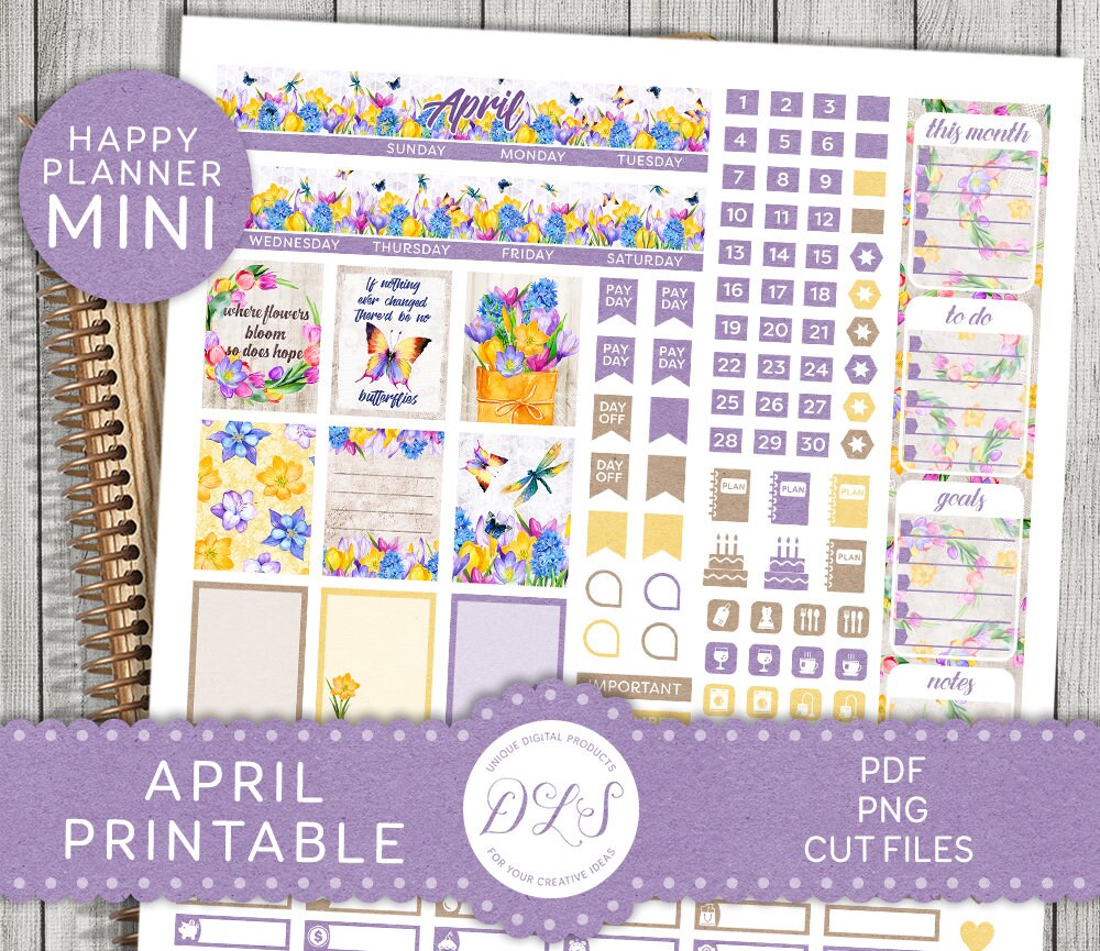 Printable APRIL Monthly Stickers, Mini Happy Planner Printable April ...