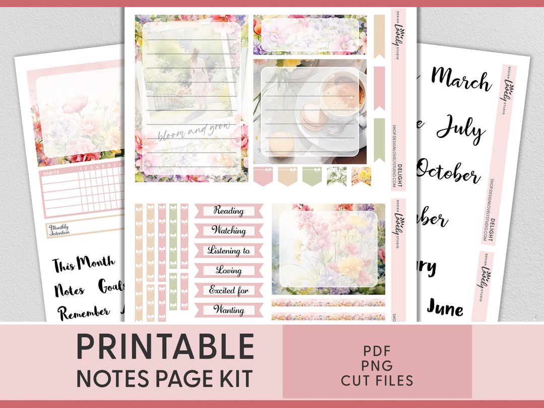 Floral Notes Page Kit, June Notes Page Kit, August Notes Page Stickers ...