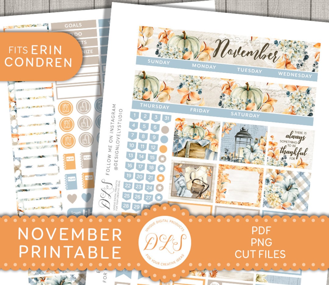Printable NOVEMBER Monthly Stickers Kit, Fits Erin Condren Life Planner ...