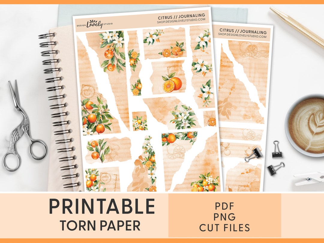 Printable Torn Paper Journaling Stickers, Ripped Paper Stickers, Orange ...