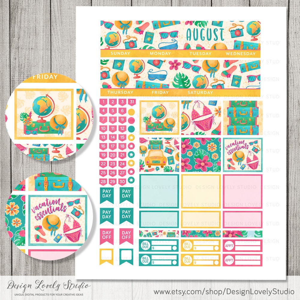 August Monthly Kit Printable August Monthly Stickers Erin | Etsy
