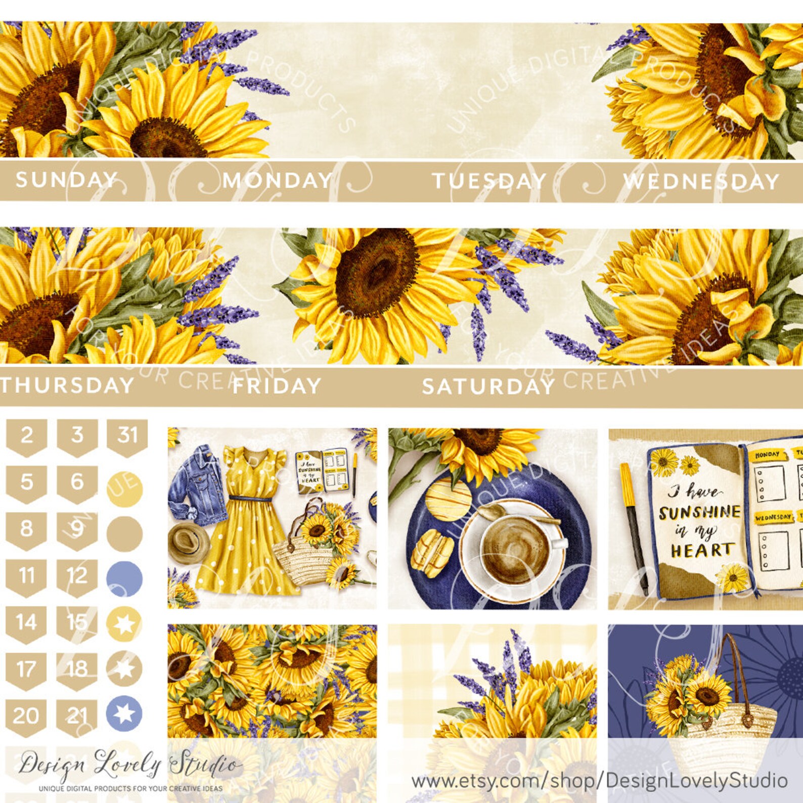 SUNFLOWERS Planner Stickers, Printable Monthly Stickers Kit, for Erin ...