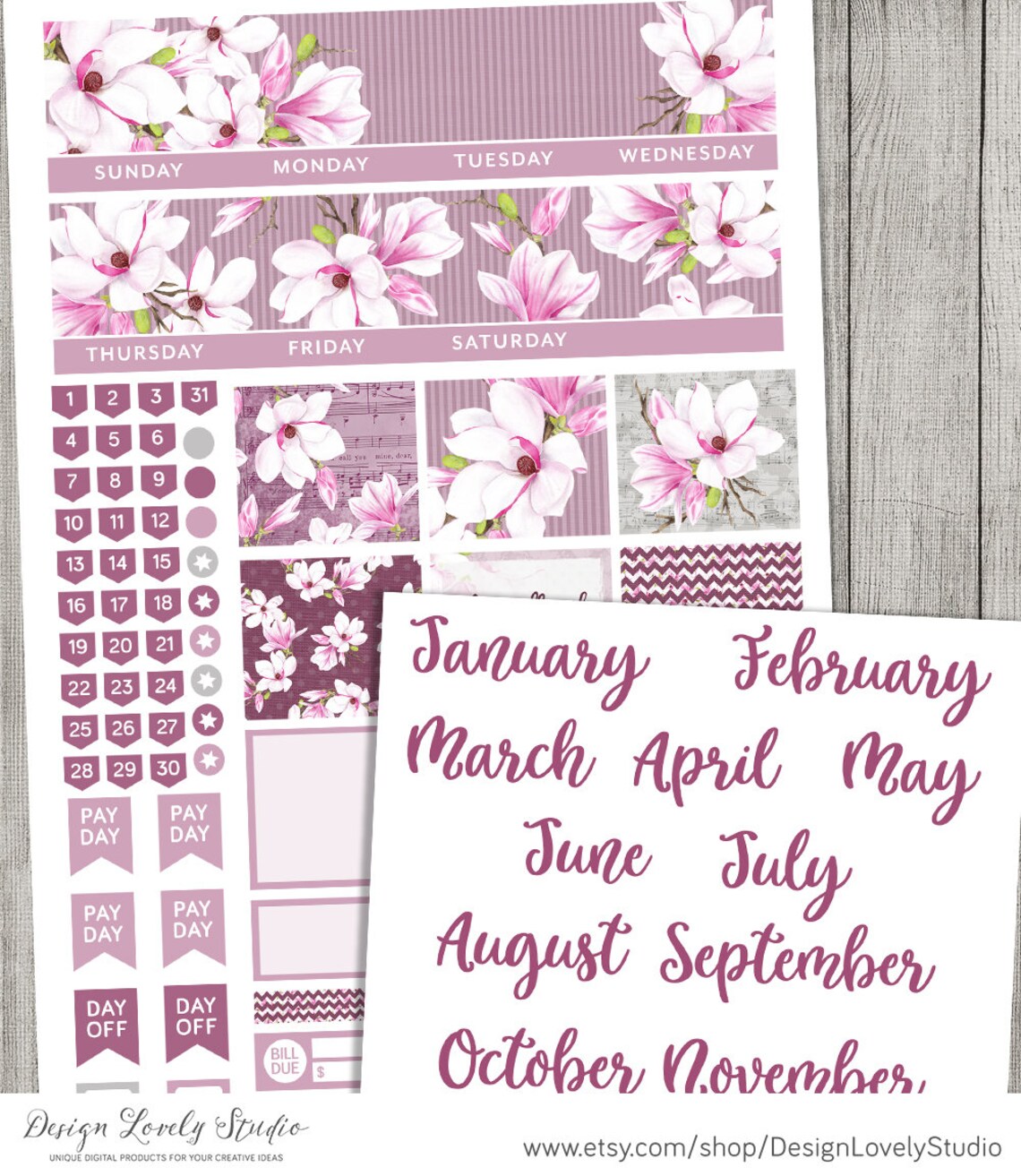 PRINTABLE Monthly Planner Stickers Kit, Purple Floral Planner Stickers ...