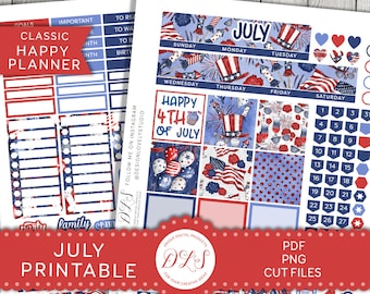 Printable JULY Monthly Stickers Kit Happy Planner July | Etsy