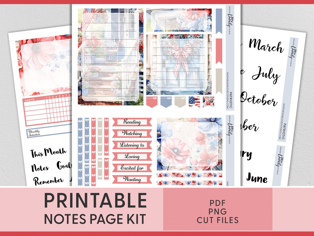 July Notes Page Kit, July Planner Stickers, Independence Day, 4th of ...