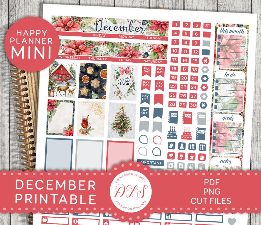 DECEMBER Monthly Stickers Kit, Printable Mini Happy Planner Stickers ...