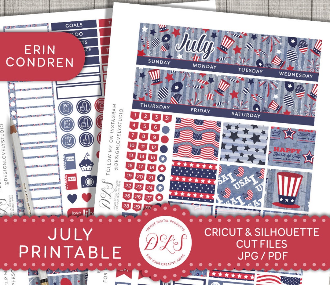July Monthly View Kit, July Monthly Stickers, ECLP July Stickers, 4th ...