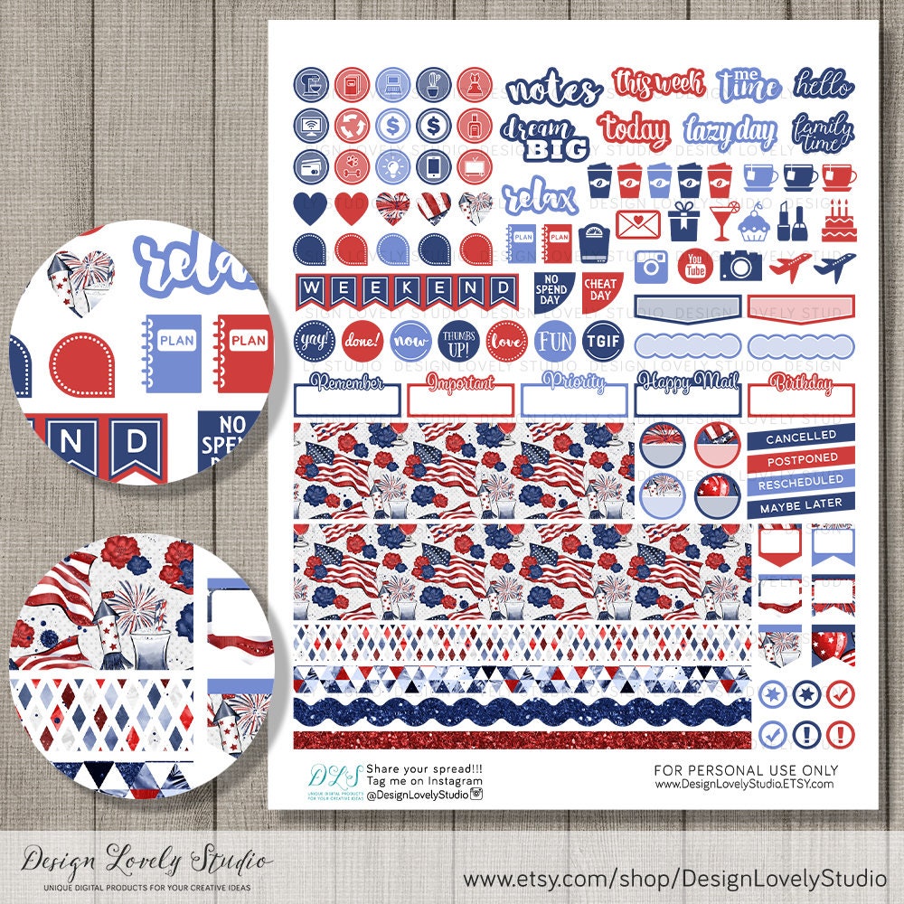 4th of July Weekly Sticker Kit Printable Planner Stickers | Etsy