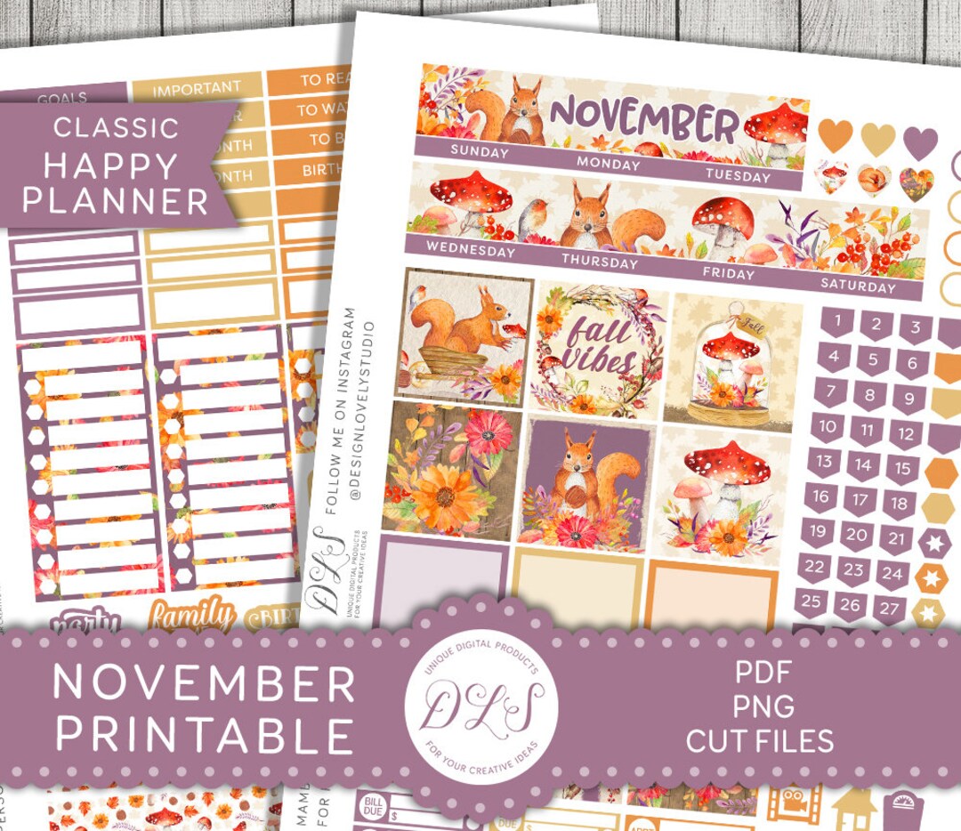 Printable NOVEMBER Monthly Stickers Kit, Happy Planner November Kit ...