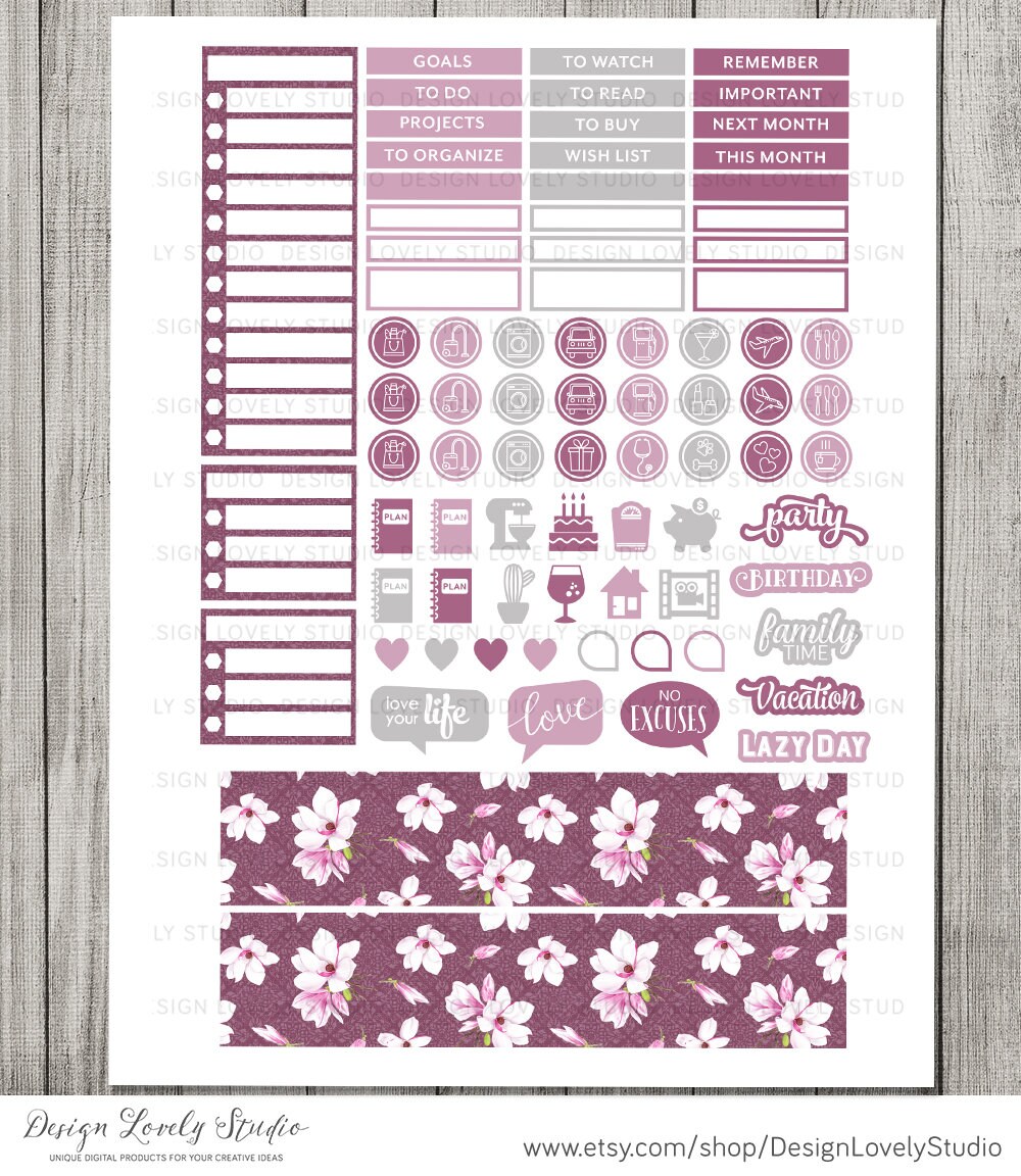 PRINTABLE Monthly Planner Stickers Kit, Purple Floral Planner Stickers ...