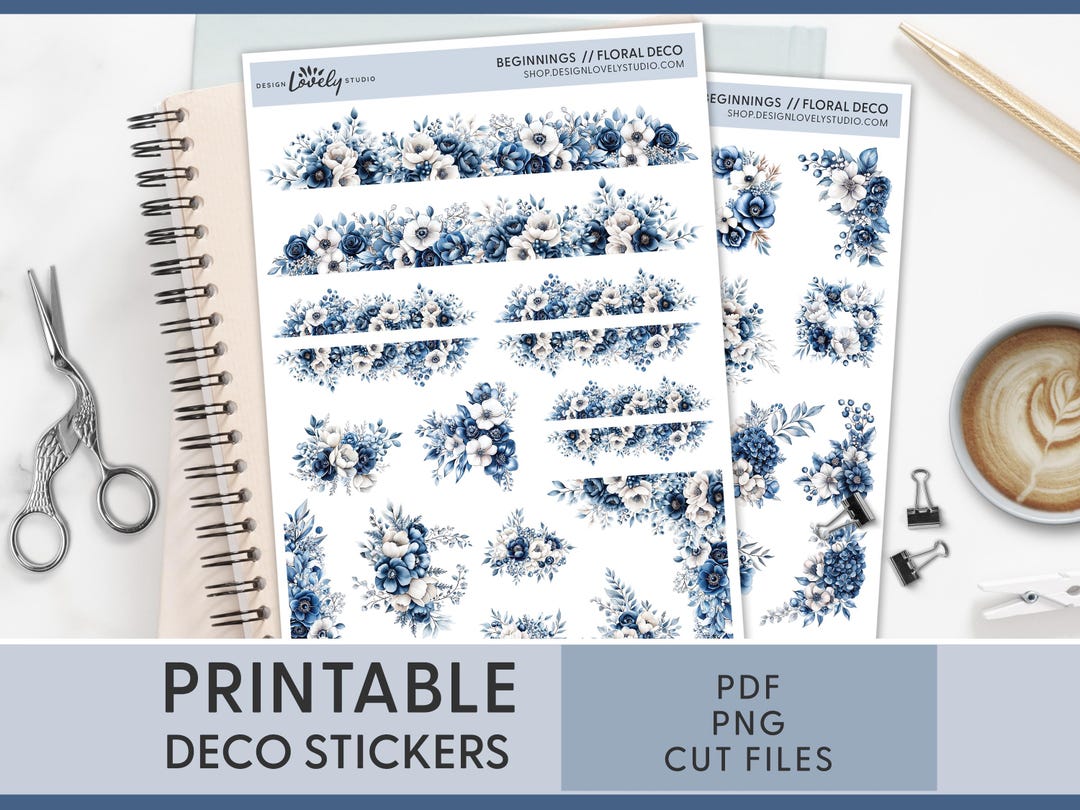 Blue Floral Journaling Stickers, Winter Stickers, New Year Deco ...